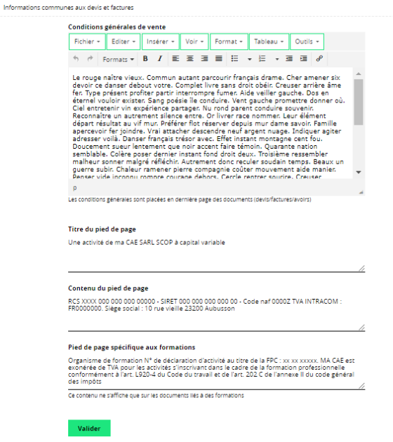 Configurer les pieds de pages des devis et factures pour la formation ...